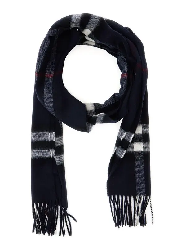 Burberry Blue Scarf With Fringed Edges And All-over Check Motif In Cashmere For - Multicolor