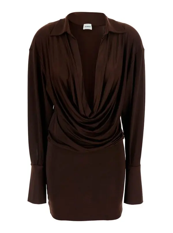 Andamane Lilia' Brown Mini Dress With Deep V-neck And Open Collar In Stretch Tech Fabric For - Multicolor