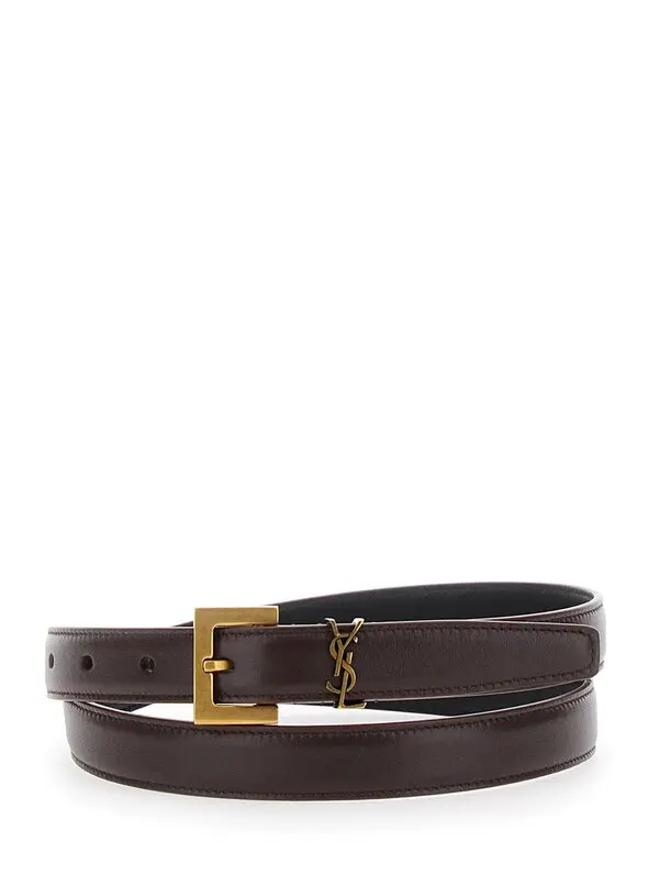Saint Laurent Belt With Cassandre Loop In Leather - Brown