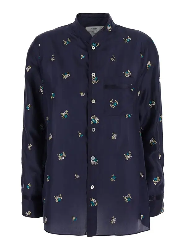 FORTE_FORTE Blue Shirt With Mandarin Collar And All-over Floral Embroidery In Silk For - Multicolor