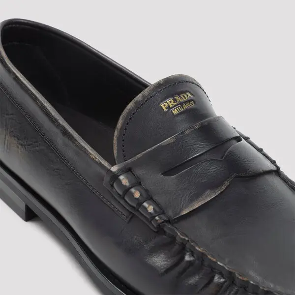 Prada Distressed Leather Loafers - Black
