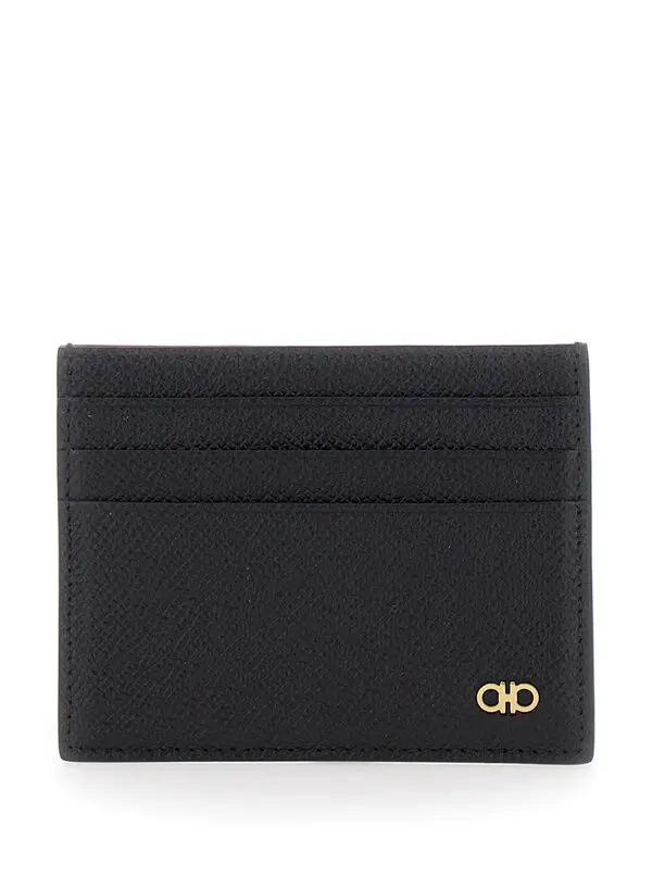 FERRAGAMO Card Holder With Micro Gancini On The Front And Logo Lettering On The Rear In Grained Leather - Black