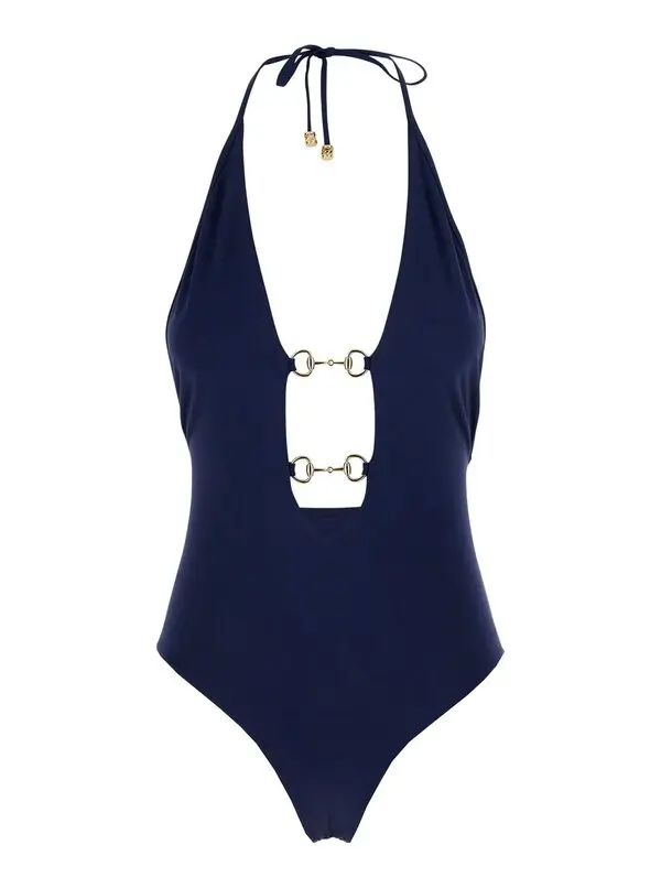 Gucci Blue One-piece Swimsuit With Horsebit Plaque On The Front And Drawstring Closure In Tech Fabric For - Multicolor