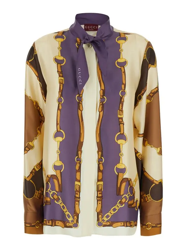 Gucci Silk Equestrian Print Shirt With Front Bow - Multicolor