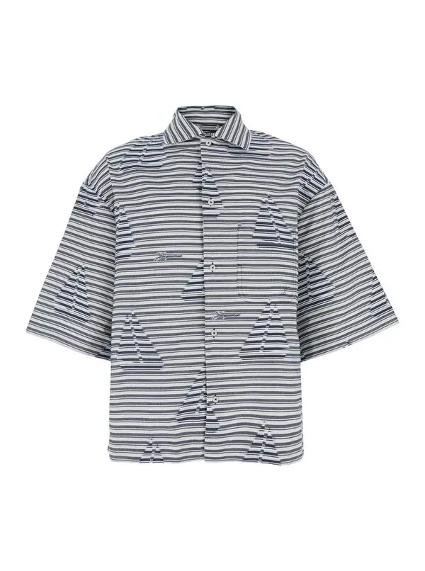 Jacquemus La Chemise Plage' Blue Bowling Shirt With Sailboat Stripe Motif In Cotton For - Multicolor