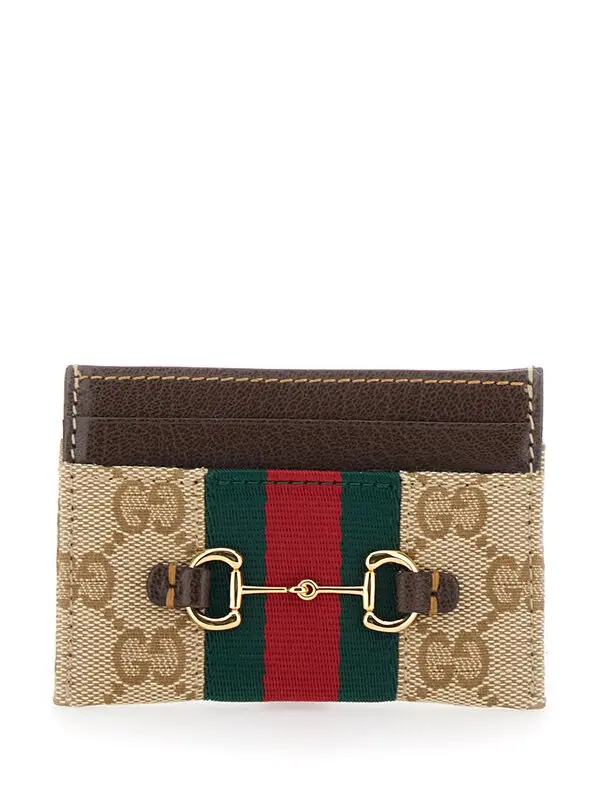Gucci Beige Card Holder With Metallic Horsebit And Web Stripe In Fabric For - Multicolor