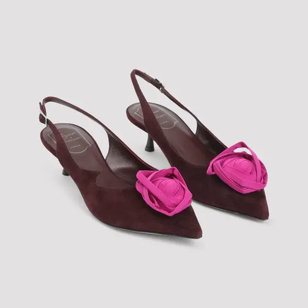 ROGER VIVIER Suede Slingback Pumps With Floral Appliqu - Multicolor