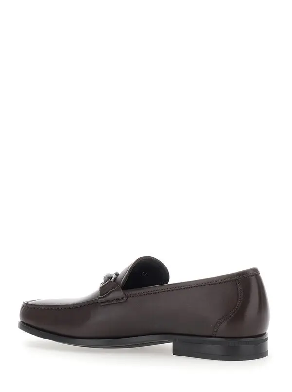 FERRAGAMO Leather Loafers With Gancini Detail - Brown