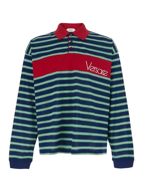 Versace Blue And Red Polo With Striped Motif And Logo Lettering On The Front In Cotton For - Multicolor