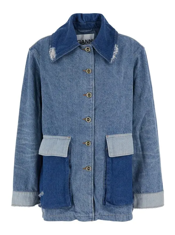 GANNI Blue Jacket With Classic Collar With Fringed Details And Patchwork Design In Denim For - Multicolor