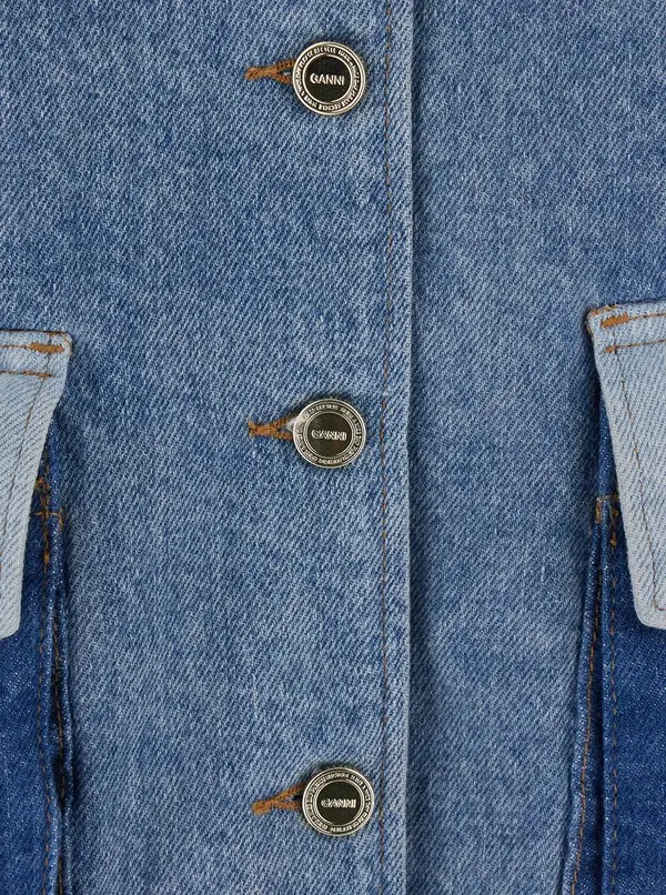 GANNI Denim Jacket With Fringed Collar And Patchwork Design - Multicolor