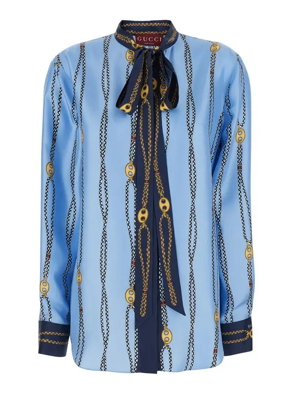 Gucci Silk Chain Print Shirt With Front Bow Detail - Multicolor