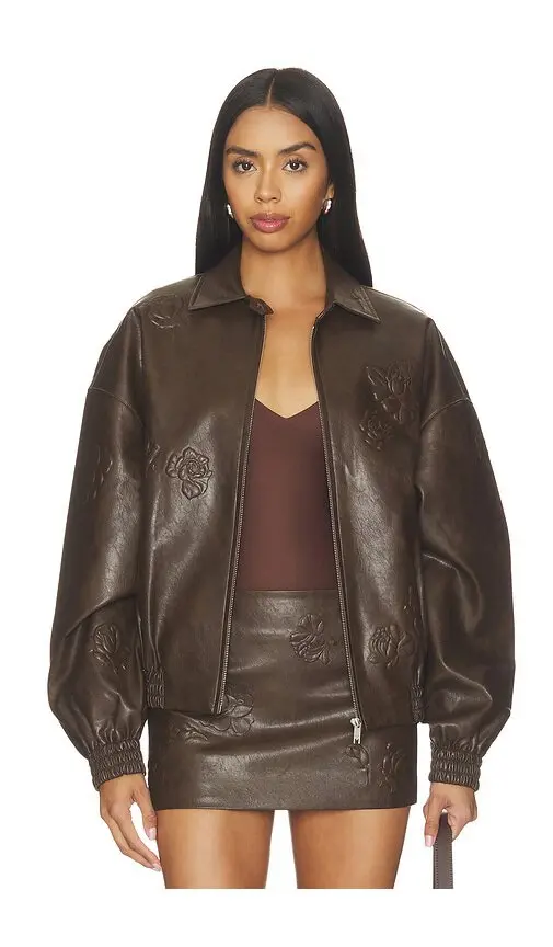 MARKGONG Faux Leather Floral Imprinted Baseball Jacket - Brown