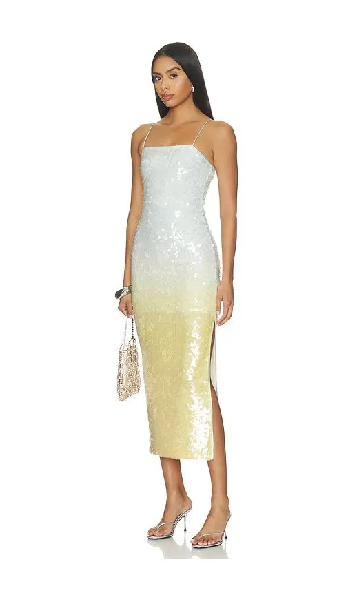 Alice + Olivia Delora Sequin Strapless Midi Dress In Blue,yellow - Clear Skies