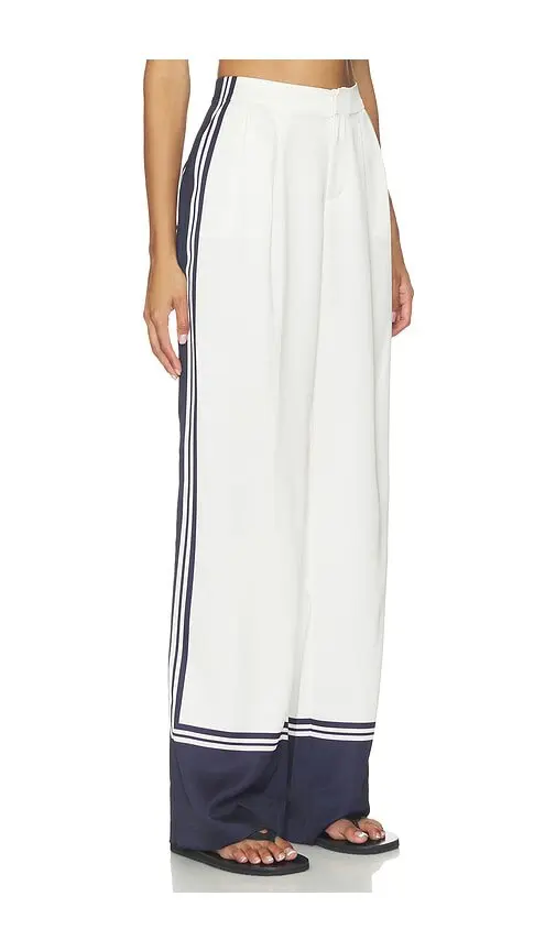 SEROYA Marlowe Satin Pant In White - Navy Tile Print
