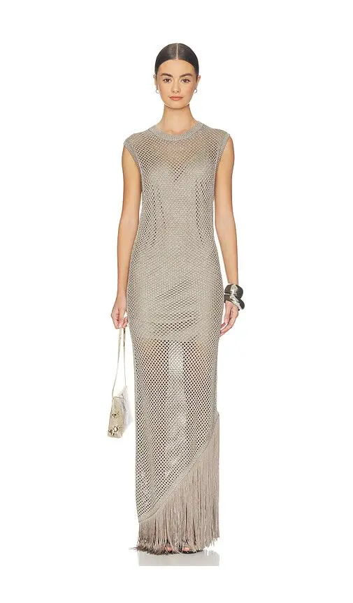 ALLSAINTS Jessie Metallic Knit Maxi Dress With Fringed Hem - Pebble Grey