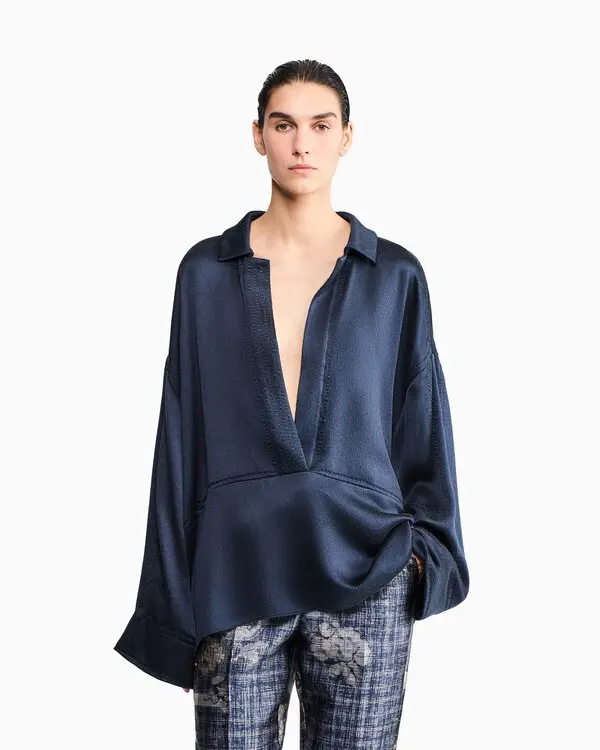 Giorgio Armani Hammered Satin Shirt With Deep Neckline - Blue