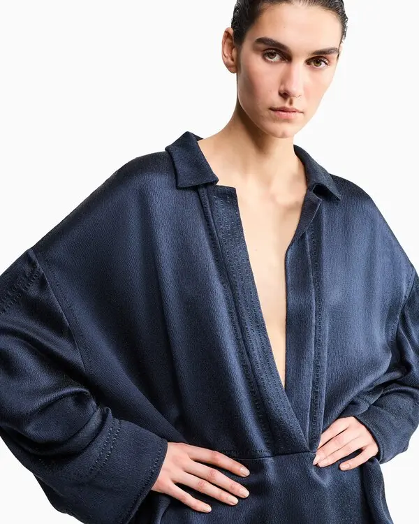 Giorgio Armani Hammered Satin Shirt With Deep Neckline - Blue