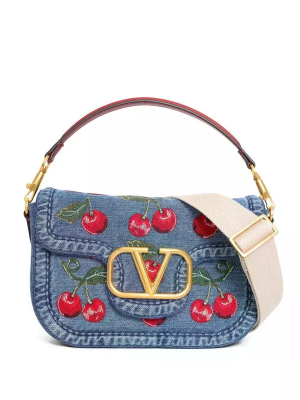 Valentino Garavani Alltime Denim Shoulder Bag With Cherrific Embroidery - Blue