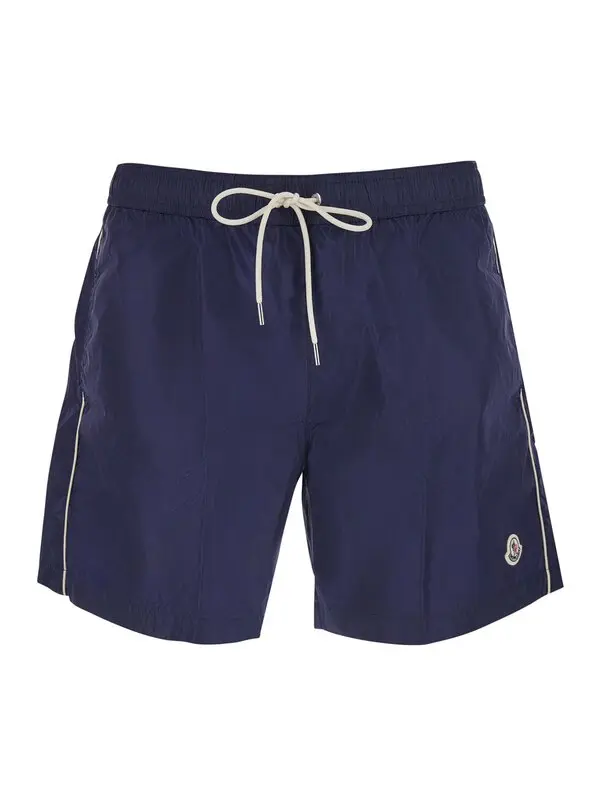 Moncler Blue Swim Shorts With Applied Logo Patch In Tech Fabric - Multicolor