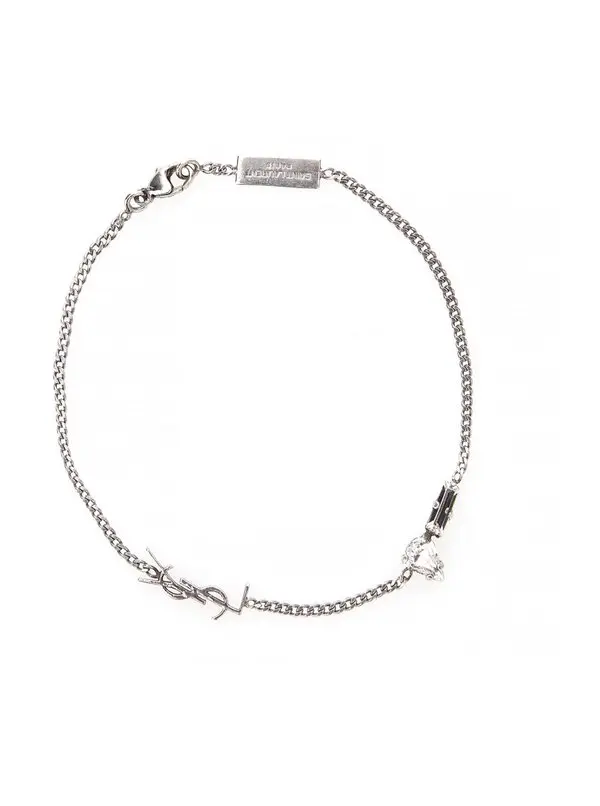 Saint Laurent Opyum Bracelet With Rhinestones And Monogram Charm In Silver Brass - Multicolor