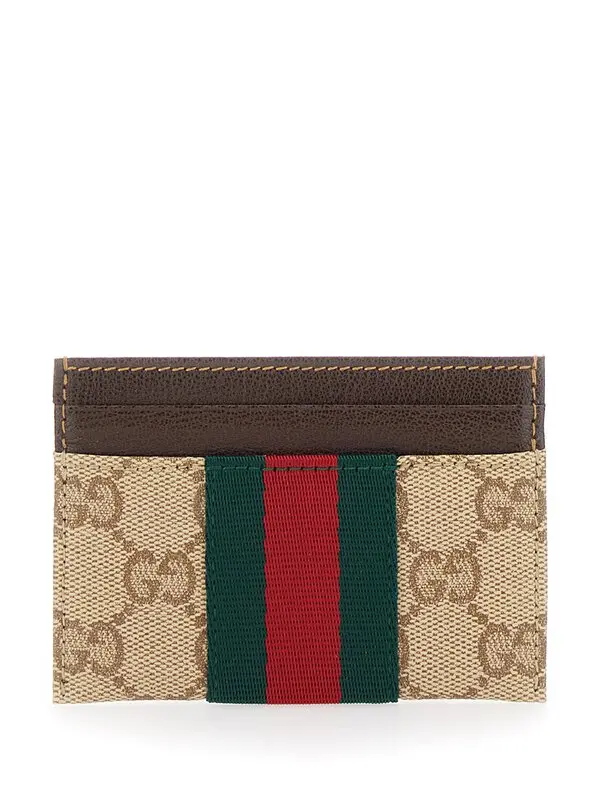 Gucci Beige Card Holder With Web Stripe And All-over Gg Motif In Fabric For
