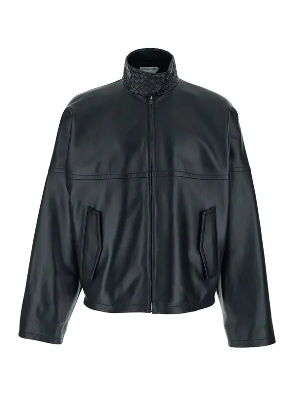 Bottega Veneta Black Bomber Jacket With High Collar With Intreccio Design In Leather For - Multicolor