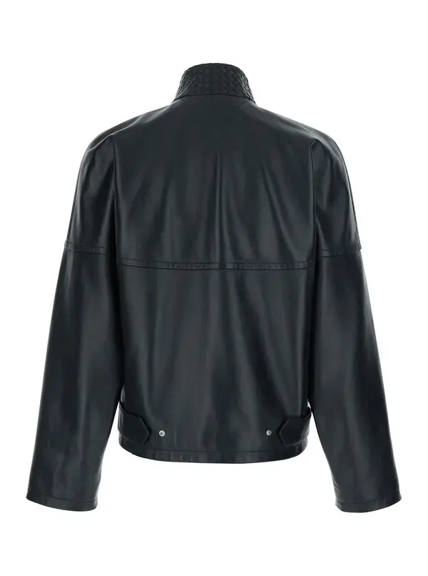 Bottega Veneta Leather Bomber Jacket With Intreccio Collar - Multicolor
