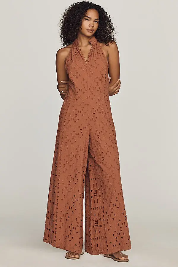 HANNAH LYNN Cotton Eyelet Halter Jumpsuit
