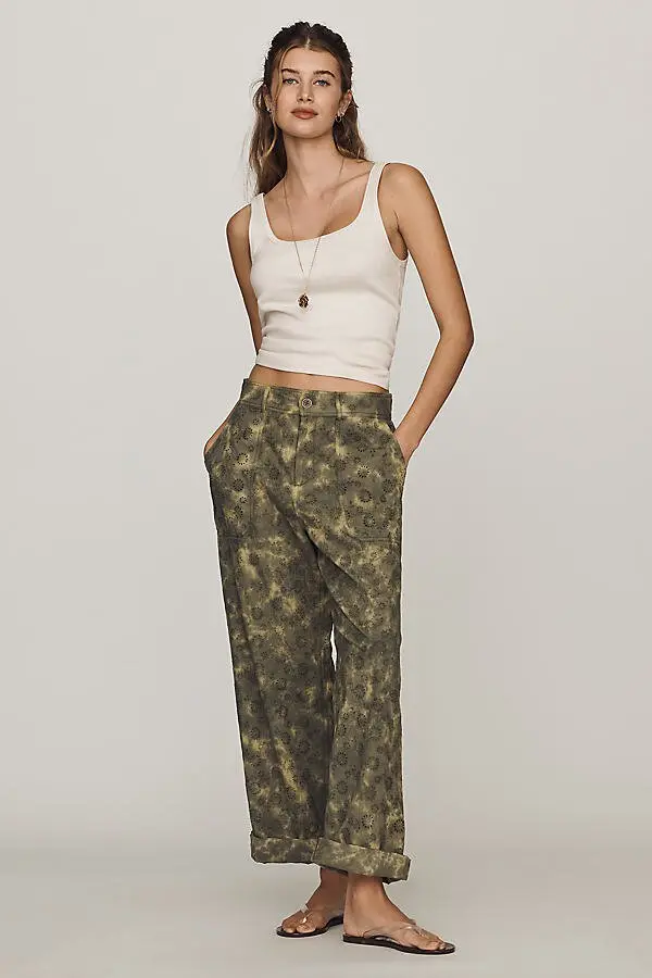 Anthropologie Cotton Eyelet High Rise Harem Pants - Baked Olive