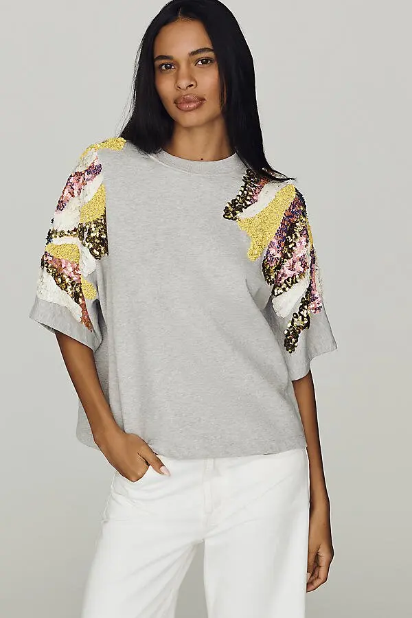 Essentiel Antwerp Jadda Embellished Short Sleeve Sweatshirt - Light Grey