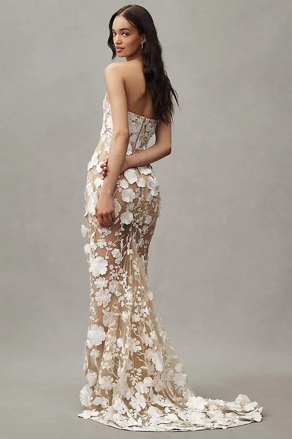 BRONX AND BRONCO Jasmine Strapless Floral Appliqué Sheer Maxi Dress - Cream