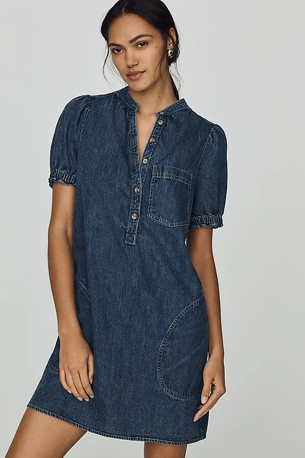 PILCRO Aly Puff-sleeve Mini Dress - Medium Denim