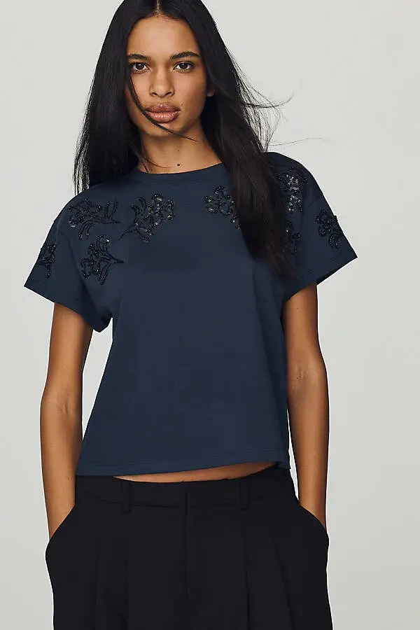 Rag & Bone Beaded Floral Top - Soft Blue