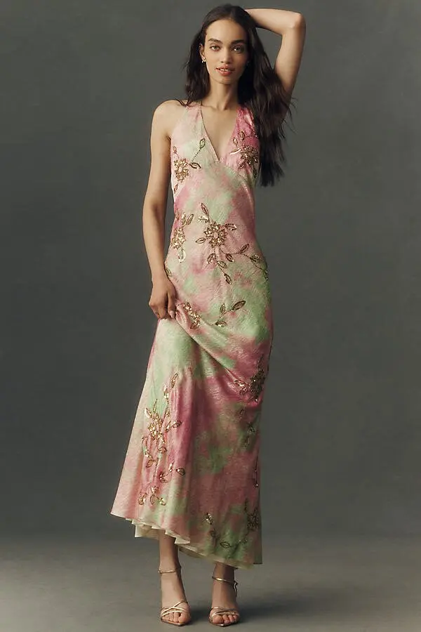 Bhldn Abstract Sat Slip Maxi Dress - Pink Pattern