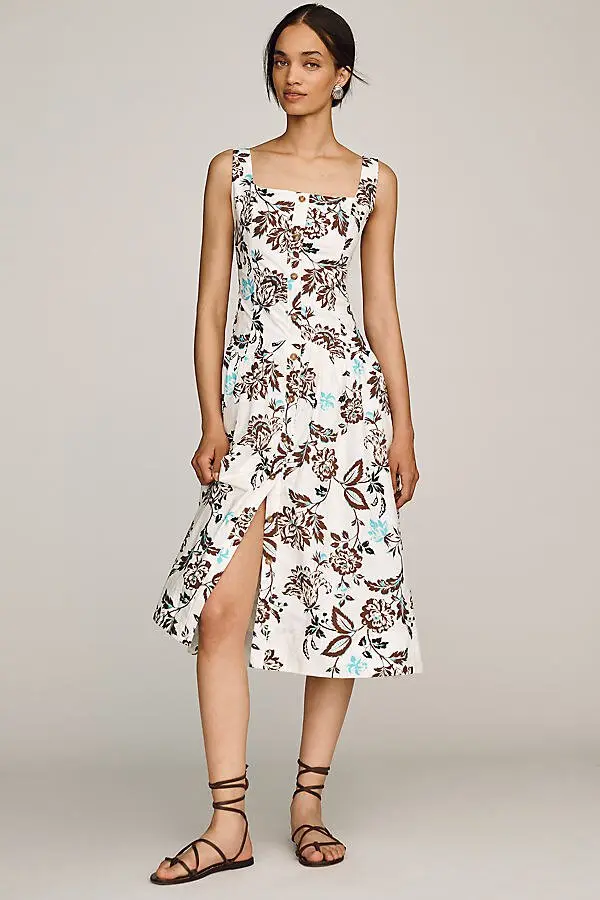Anthropologie Cotton Buttondown Midi Dress - Ivory Floral