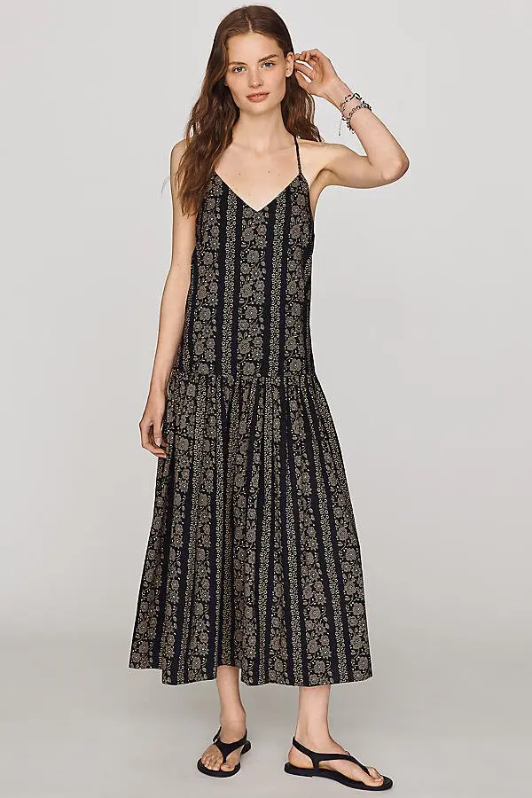 The Great. The Drop Waist Cotton Midi Dress - Black & White Pattern