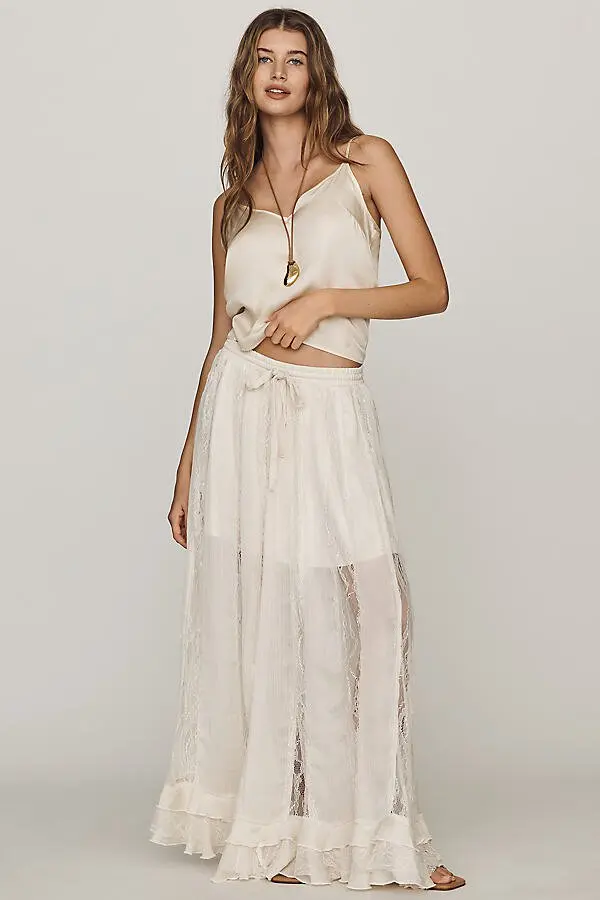 Anthropologie Lace Chiffon Maxi Skirt - Ivory