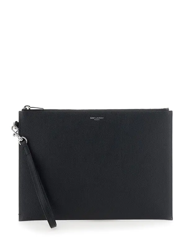 Saint Laurent Pouch With Logo Embossed On The Front In Black Leather For - Multicolor
