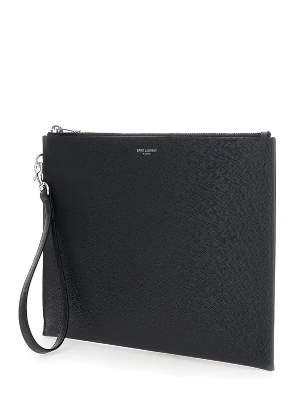 Saint Laurent Pouch With Logo Embossed On The Front In Black Leather For - Multicolor