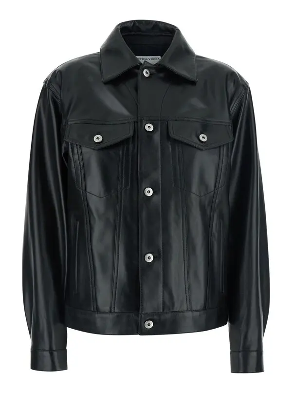 Bottega Veneta Black Jacket With Classic Collar And Intreccio Motif On The Back In Leather For - Multicolor