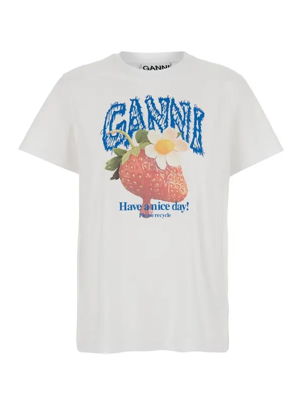 GANNI White Crew Neck T-shirt With Large Logo Lettering Print And Strawberries On The Front In Cotton For - Multicolor