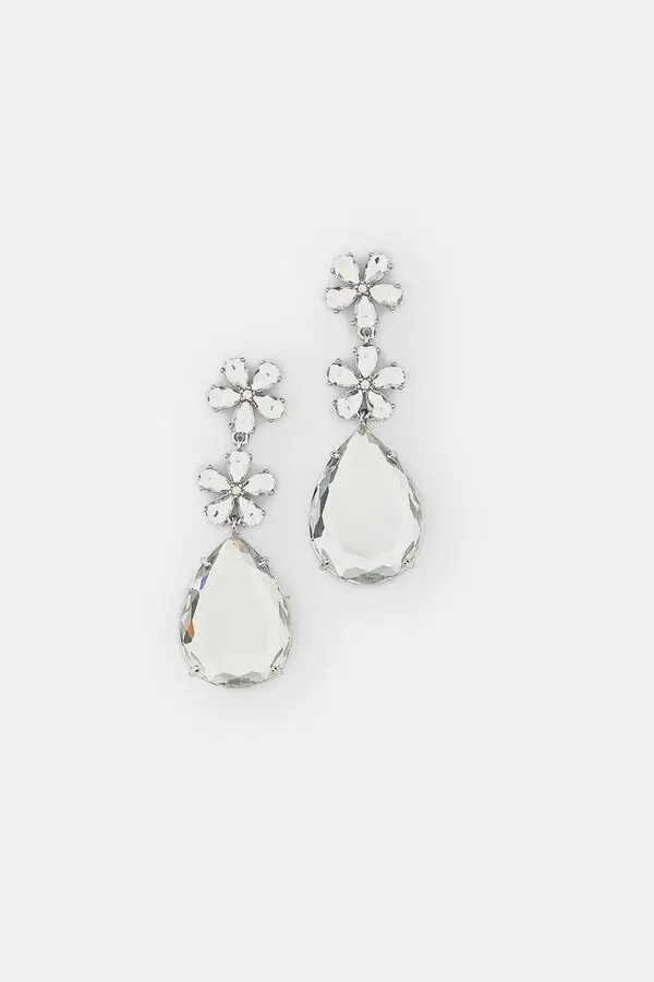 SELF-PORTRAIT Crystal Embellished Floral Drop Earrings - Argento