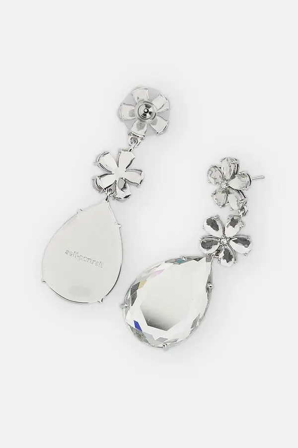 SELF-PORTRAIT Crystal Embellished Floral Drop Earrings - Argento