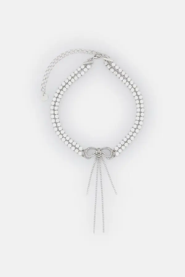 SELF-PORTRAIT Double Strand Crystal Bow Choker Necklace - Argento