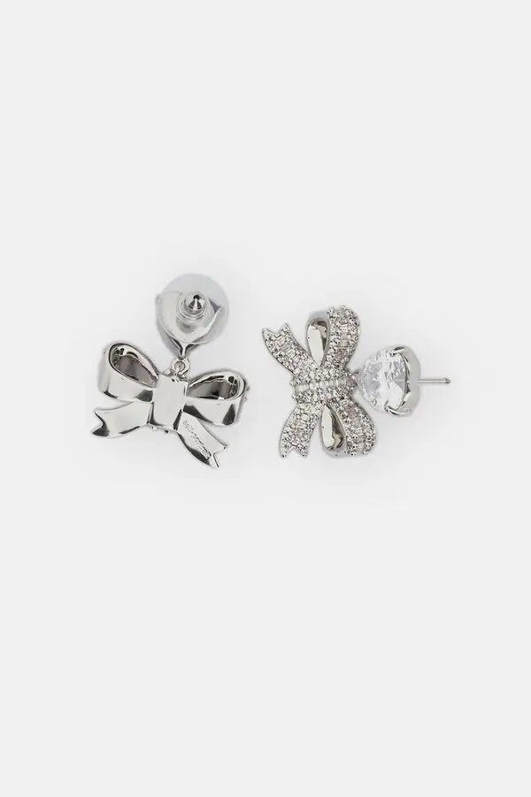 SELF-PORTRAIT Crystal Embellished Heart And Bow Earrings - Argento