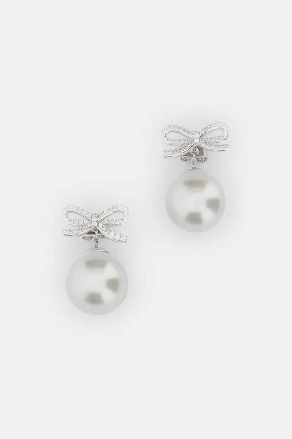 SELF-PORTRAIT Crystal Bow Earrings With Pearl Detail - Argento