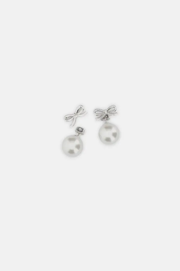 SELF-PORTRAIT Crystal Bow Earrings With Pearl Detail - Silver