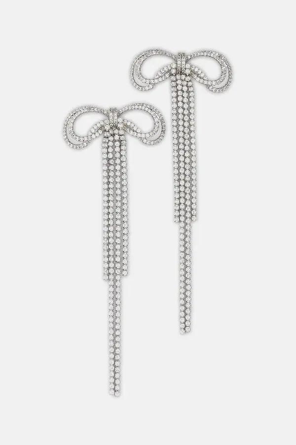 SELF-PORTRAIT Double Bow Crystal Drop Earrings - Argento