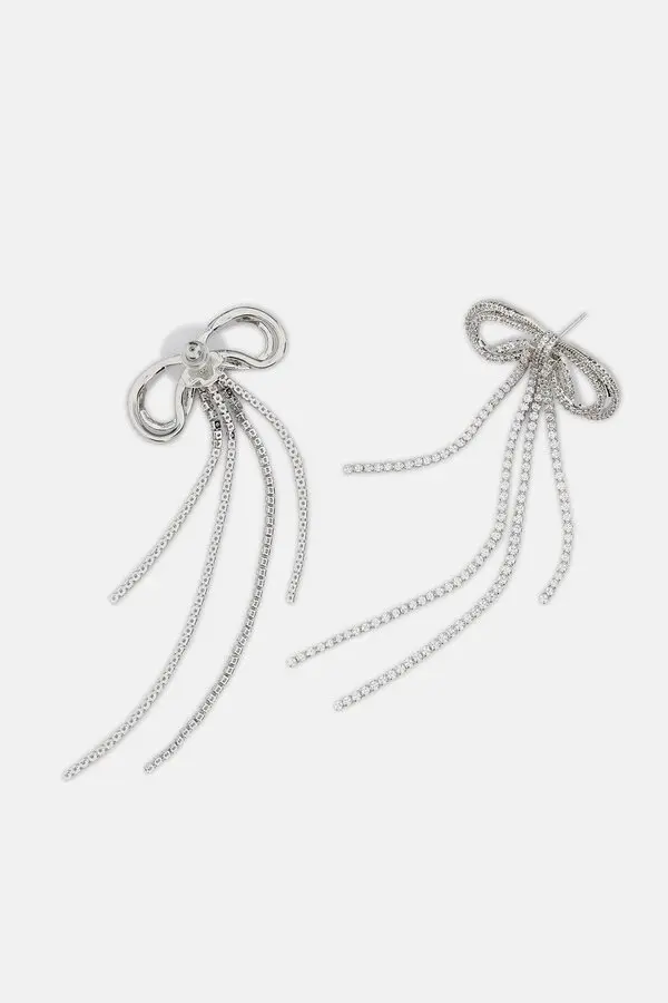 SELF-PORTRAIT Double Bow Crystal Drop Earrings - Silver